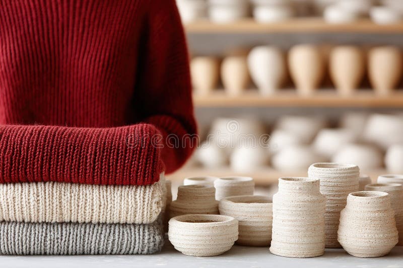 Cozy Textiles and Handmade Pottery Displayed on a Table in a Warm ...