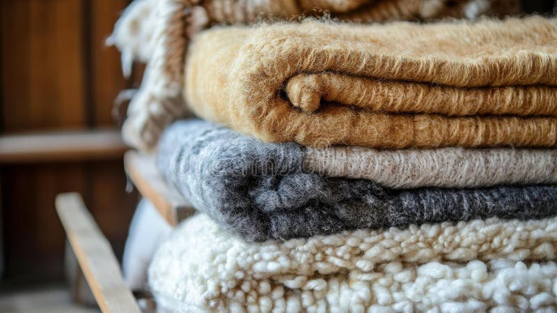Cozy Textured Wool Blankets Stacked in a Rustic Setting Stock ...