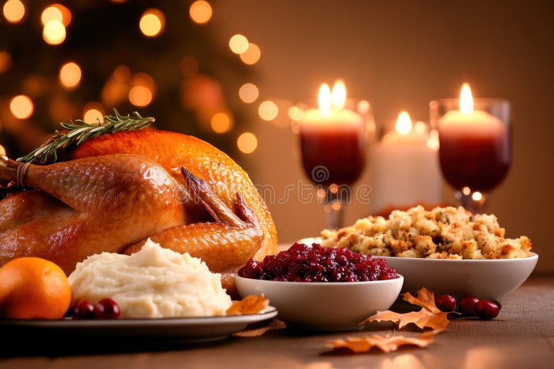 Cozy Thanksgiving Dinner Scene with Roasted Turkey and Festive Sides ...