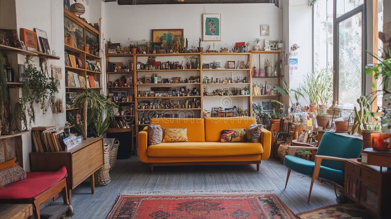 A Cozy Thrift Shop Interior Featuring Minimalist Shelving and Vibrant ...