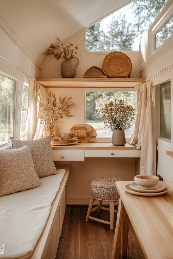 Cozy Tiny Home Interior, Natural Wood Decor, Bench Seating, Abundant ...