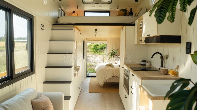 Cozy Tiny House Interior with Loft Bed and Modern Amenities with a Loft ...