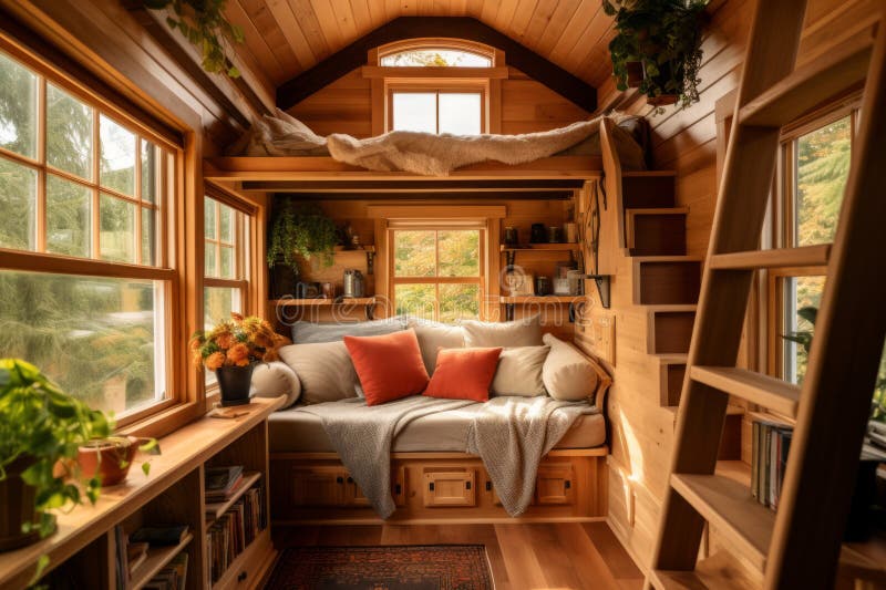 Cozy Tiny House Interior with Loft Bed and Modern Amenities with a Loft Bed, Compact Kitchen ...