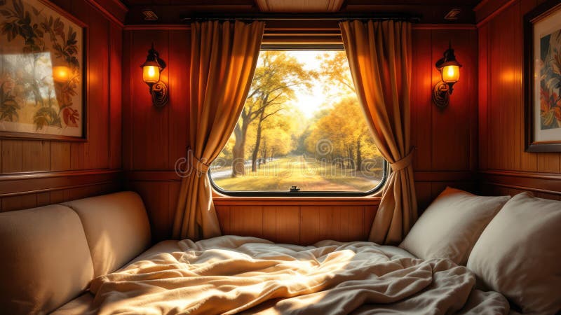Cozy Train Cabin with Golden Sunlight and Autumn Scenery Outside ...