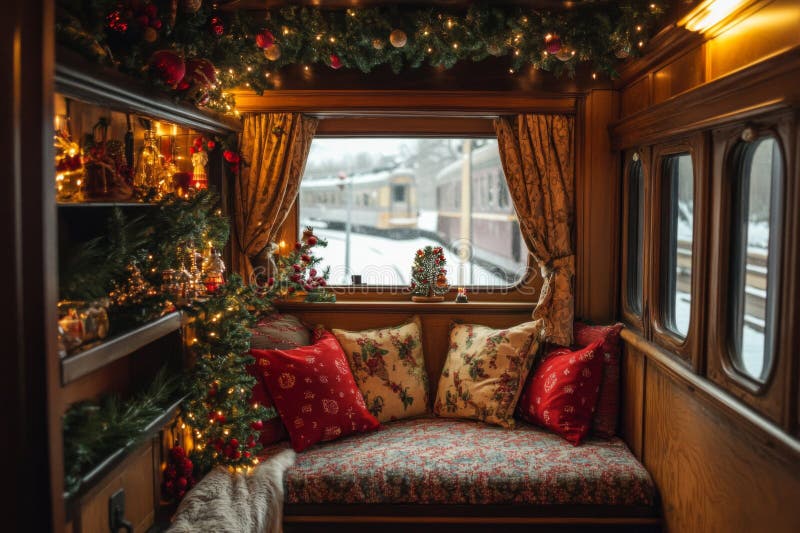 Cozy Train Car Interior Decorated for Christmas Stock Illustration ...