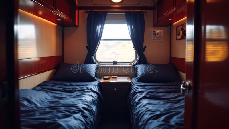 Cozy Twin Bedroom with Blue Bedding in a Train Setting at Dusk ...