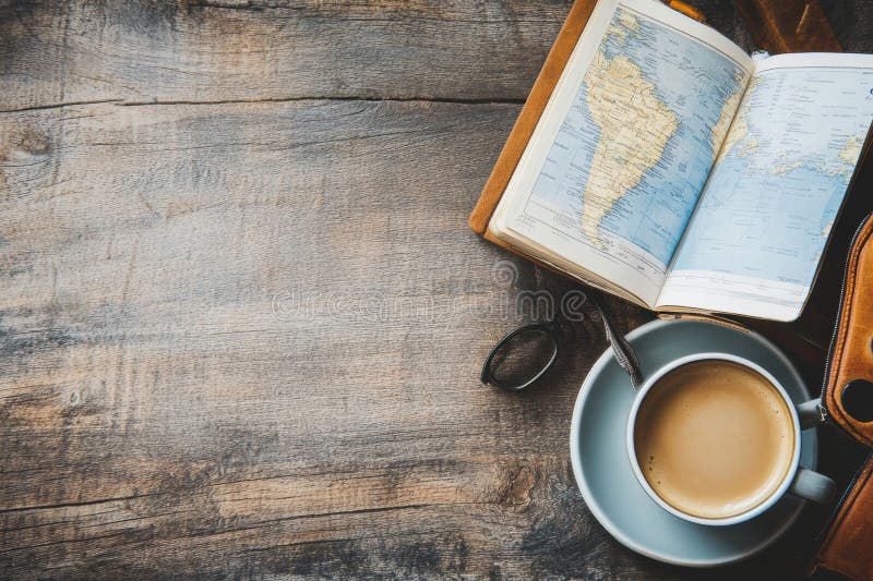 Cozy Travel Flatlay with Coffee and Open Travel Guide for Planning ...