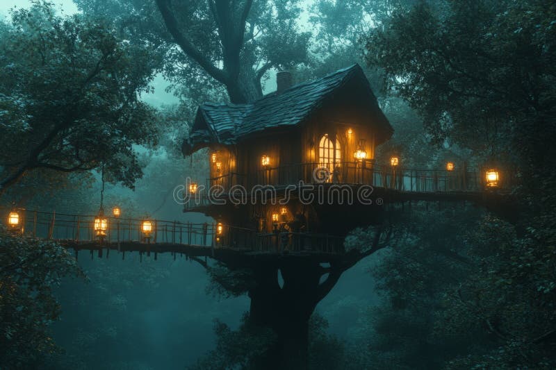 Cozy Tree House Glowing in Misty Forest at Night Stock Image - Image of ...