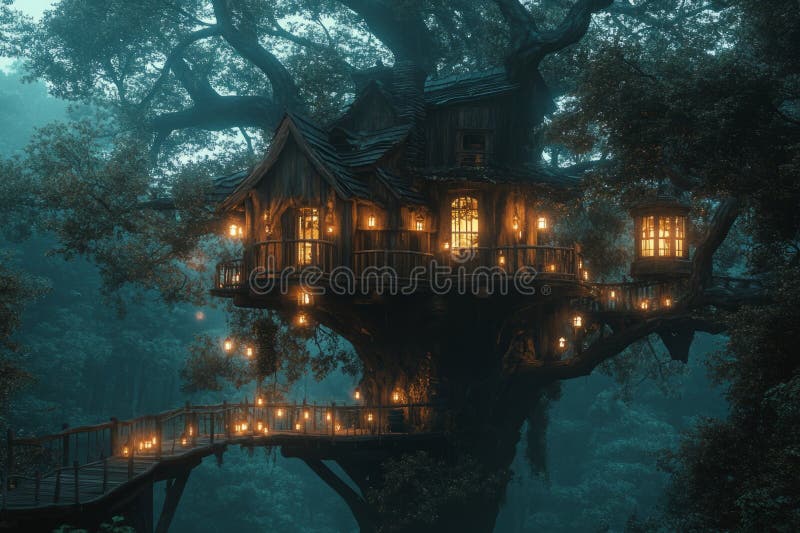 Cozy Tree House Illuminated by Lanterns in a Magical Forest at Night ...