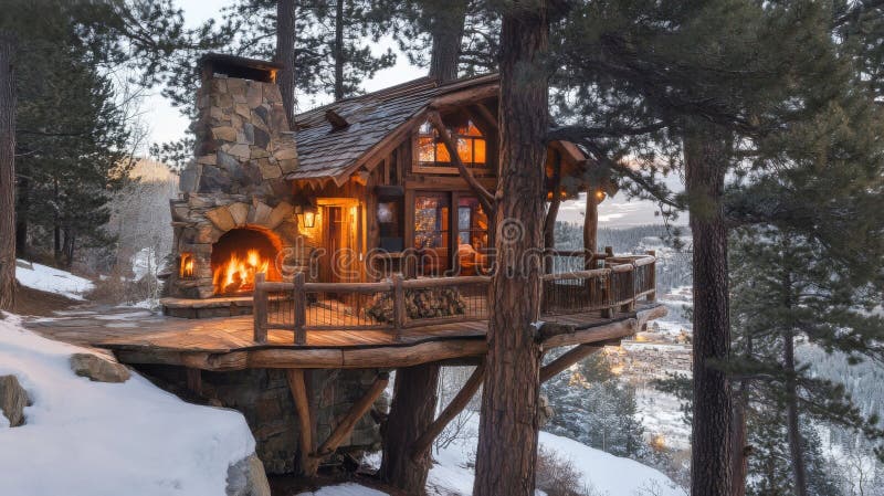 Cozy Treehouse Cabin with a Stone Fireplace in a Snowy Forest Stock ...