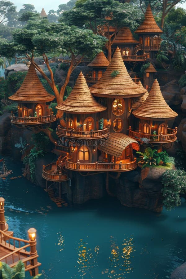 Cozy Treehouse Complex Built Over Reflective Lake, Featuring Warm ...