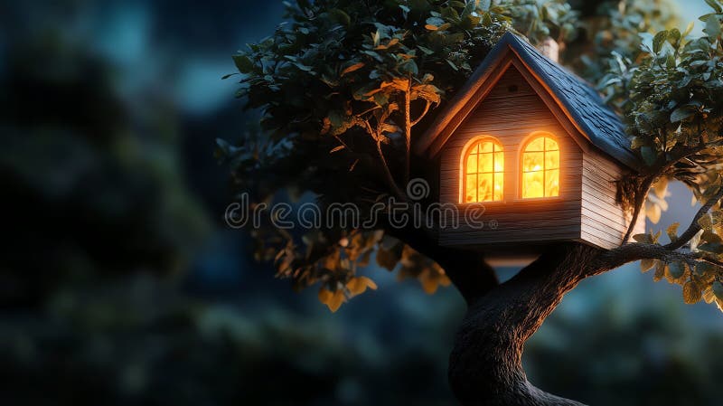 Cozy Treehouse with Glowing Windows, Nestled in Branches Under the ...
