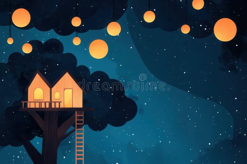 A Cozy Treehouse with Glowing Windows, Nestled in a Tree Against a ...