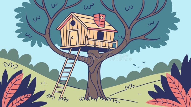 Cozy Treehouse on a Hill with a Ladder and Greenery Vector Design ...