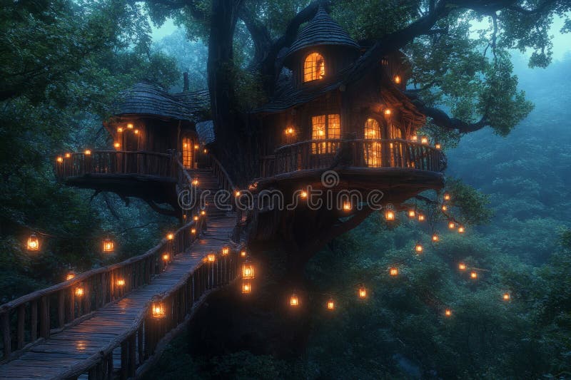 Cozy Treehouse Illuminating Misty Forest at Night Stock Image - Image ...