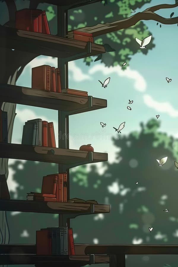 Cozy Treehouse Library with Floating Butterflies and Serene Atmosphere ...