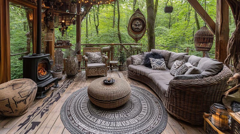 Cozy Treehouse Living Room, Forest View, Relaxation Stock Image - Image ...