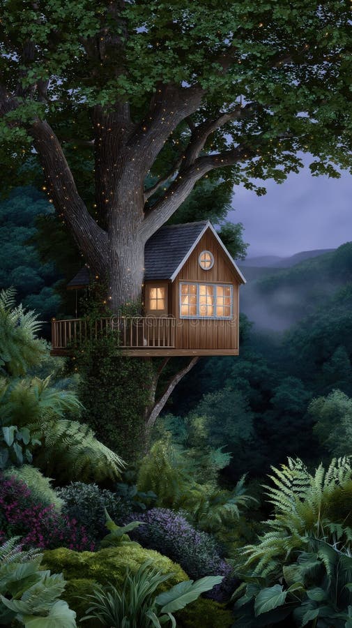 Cozy Treehouse in a Lush Forest at Dusk with Glowing Lights and Mist ...