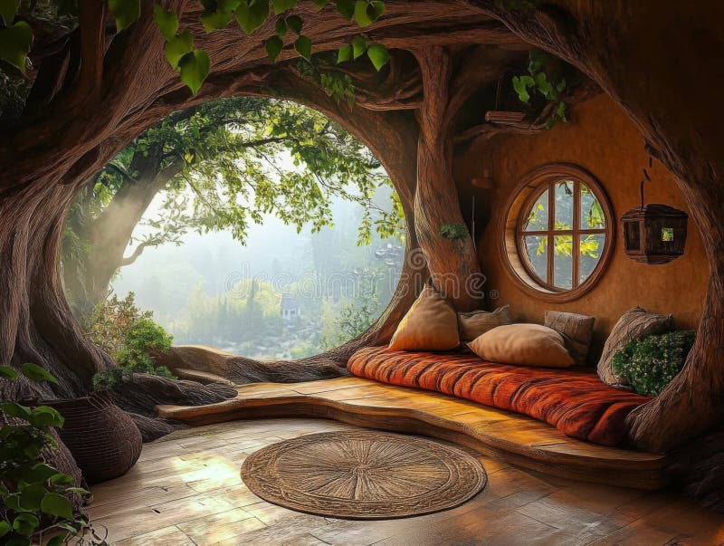 Cozy Treehouse Nook with Forest View and Sunlight Stock Illustration ...