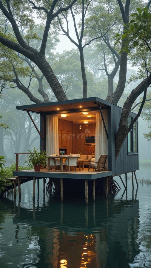 Cozy Treehouse Retreat with Modern Interior in Serene Forest Setting ...