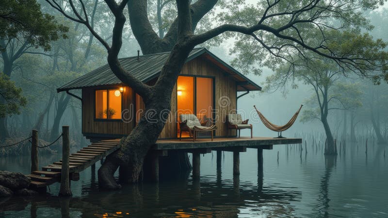 Cozy Treehouse Retreat Overlooking Misty Forest Water Stock Photo ...