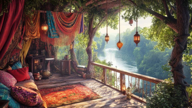 A Cozy Treehouse Retreat with a River View Stock Illustration ...