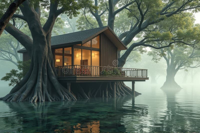 Cozy Treehouse Retreat Serene Misty Forest Reflections Water Stock ...