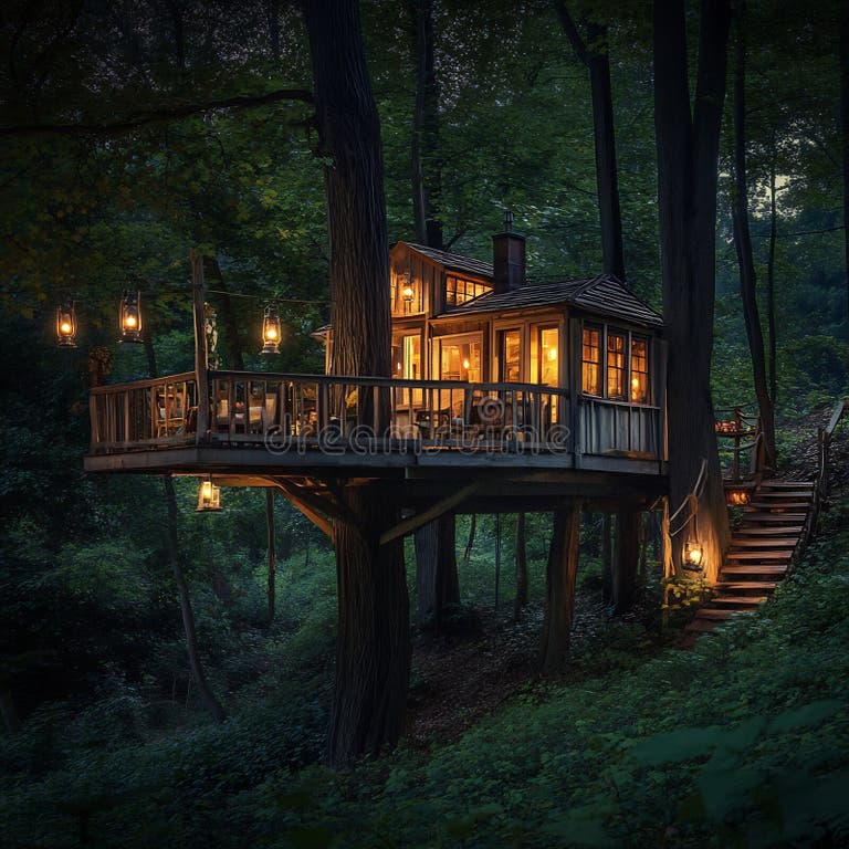 A Cozy Treehouse Set Amidst a Dense Forest, Elevated by Sturdy Tree ...