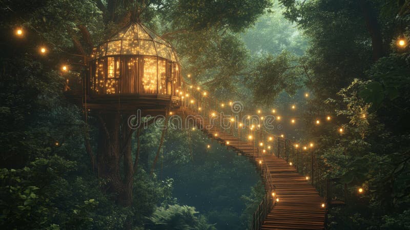 A Cozy Treehouse with String Lights and a Wooden Stairway in a Lush ...