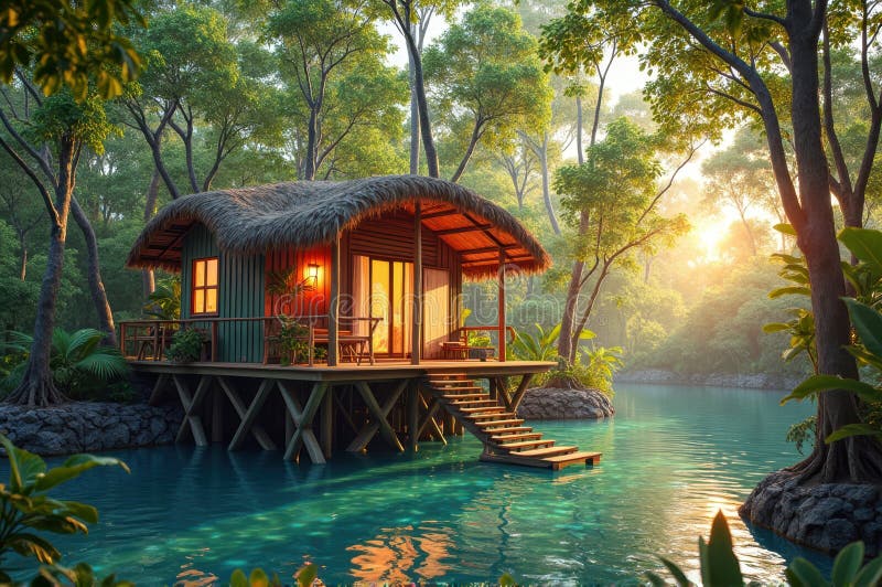 Cozy Tropical Island Hut on Stilts Surrounded by Lush Greenery and ...