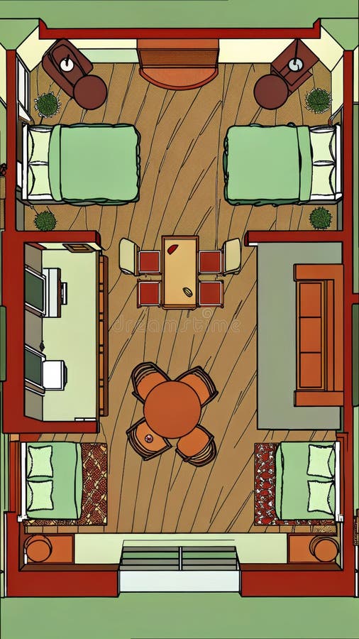 Cozy Two-bedroom Cabin Floor Plan with Rustic Interior Design and ...