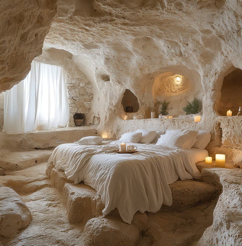 Cozy Underground Cave Room with a Bed Surrounded by Candlelight and ...