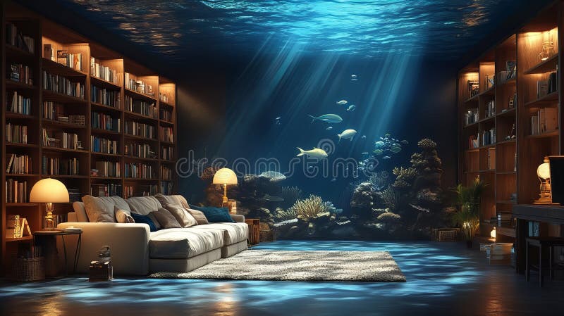 Cozy Underwater-themed Library Lounge with Aquarium Ambiance Stock ...