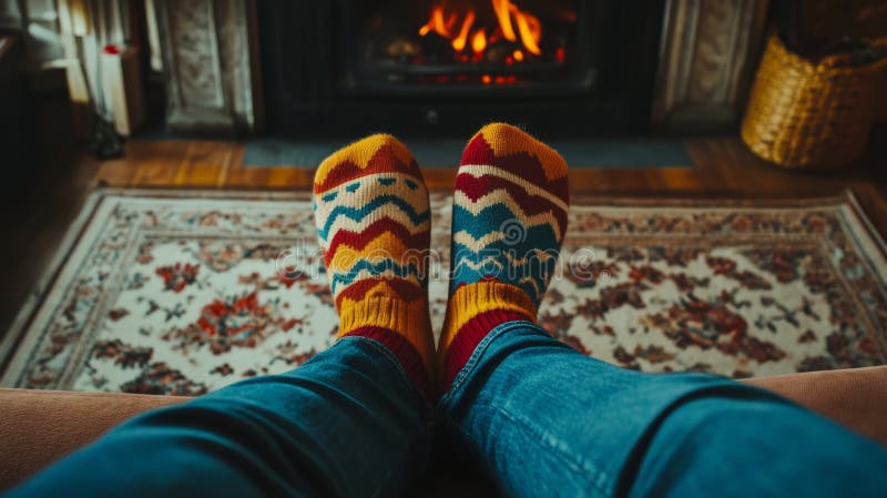 Cozy Feet in Patterned Socks by the Fireplace Stock Illustration ...