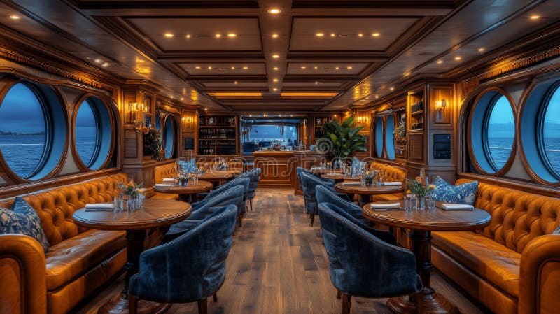 Cozy Upscale Interior of a Waterfront Dining Venue Featuring Elegant ...