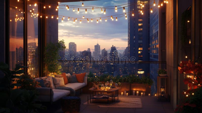 Cozy Urban Balcony with String Lights Overlooking City at Sunset Stock Illustration ...