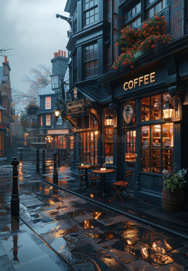 Cozy Urban Cafe in the Old Town in the Rain. Stock Photo - Image of ...