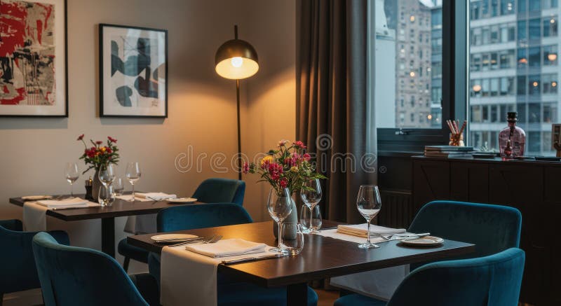 Cozy Urban Dining Room with Elegant Table Settings and Ambient Lighting ...