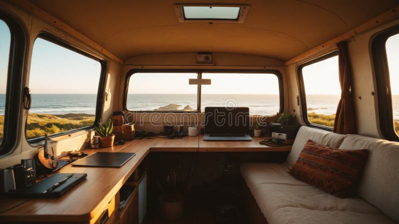 Cozy Van Interior with a Stunning Ocean View during Sunset Showcasing a ...