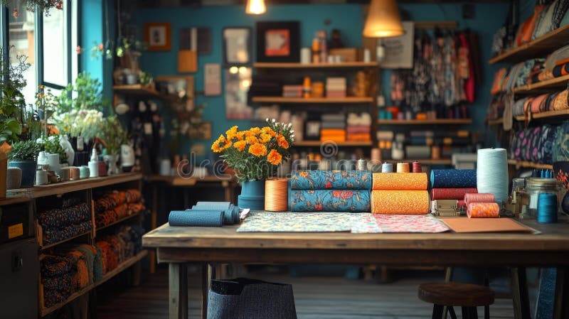 A Cozy and Vibrant Fabric Studio with Colorful Materials and Flowers on ...