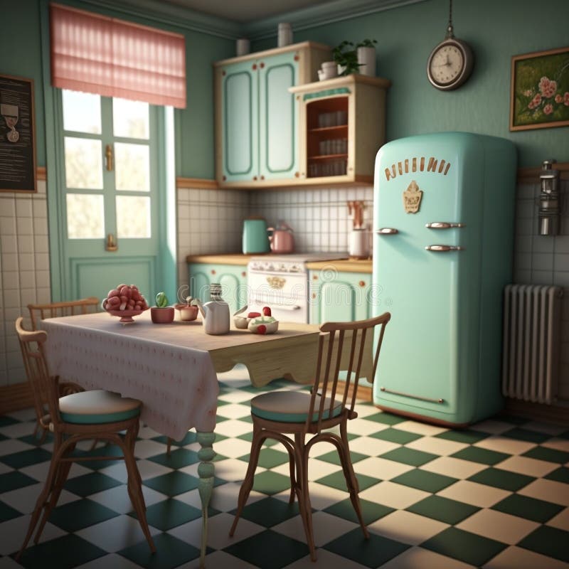 Cozy Vintage Atmosphere: a Kitchen Interior Featuring Refrigerator ...