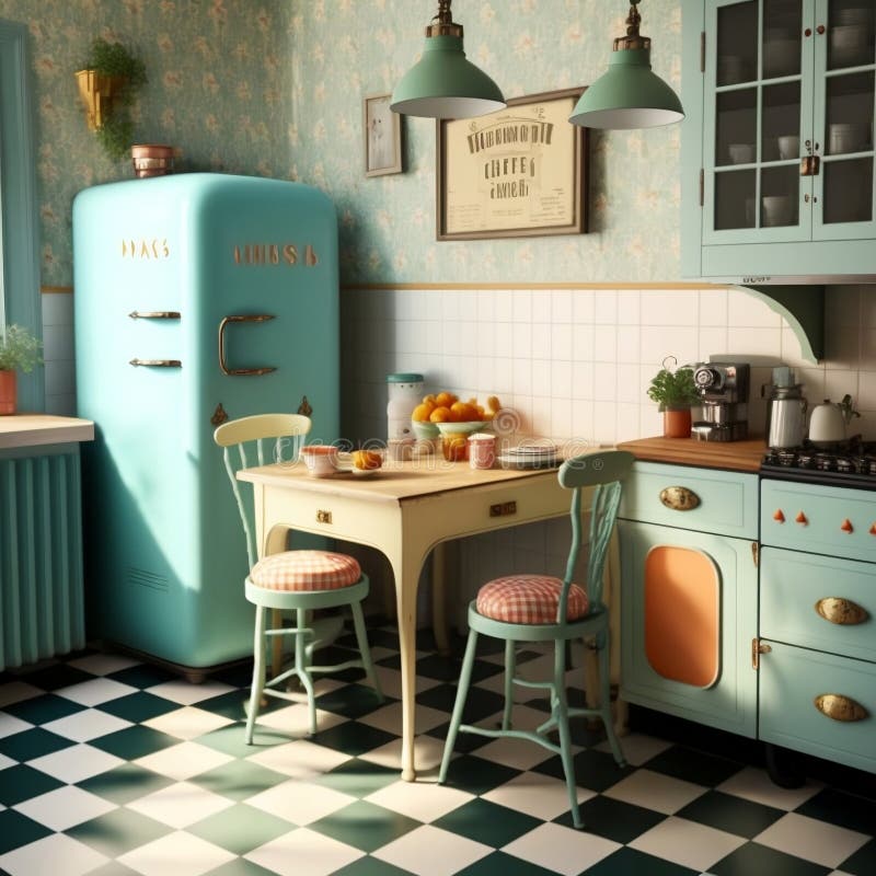 Cozy Vintage Atmosphere: a Kitchen Interior Featuring Refrigerator ...