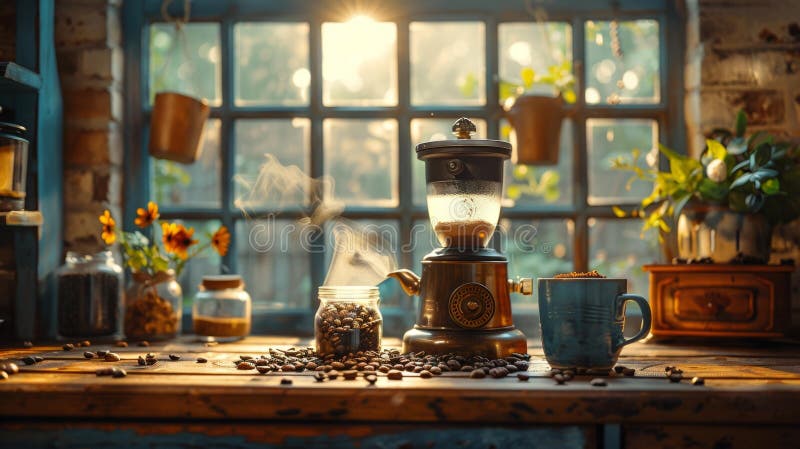 Cozy Vintage Coffee Scene in Sunlit Kitchen - Generative Ai Stock ...
