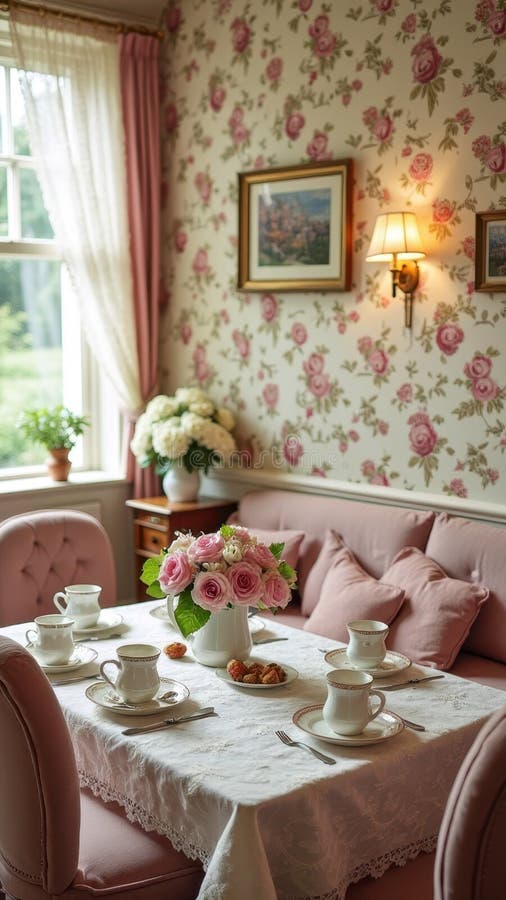 Cozy Vintage Dining Room with Floral Decor and Elegant Tea Set Stock ...