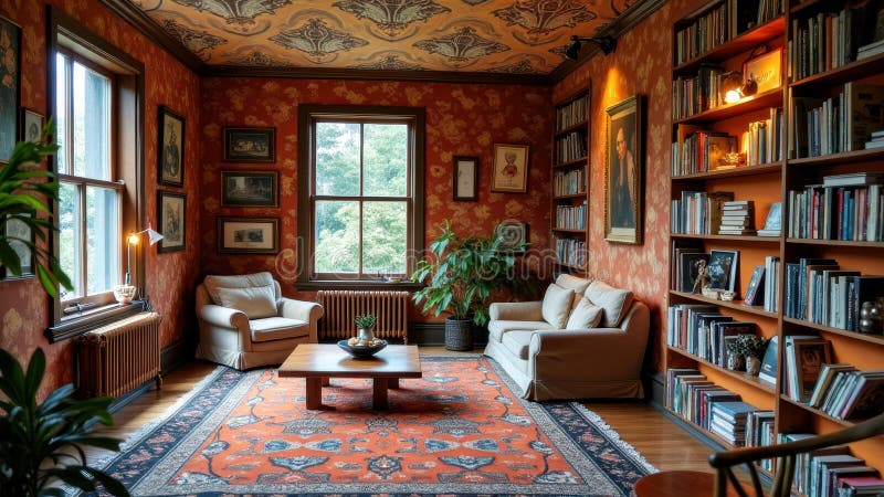 Cozy Vintage Library with Elegant Decor and Vibrant Carpet in Sumptuous ...