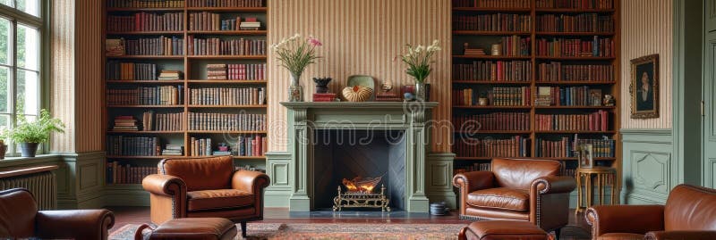 Cozy Vintage Library Fireplace Brown Leather Chairs Elegant Interior ...