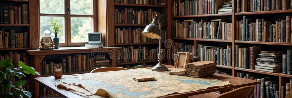 Cozy Vintage Library with Map on Table and Antique Bookshelves Stock ...
