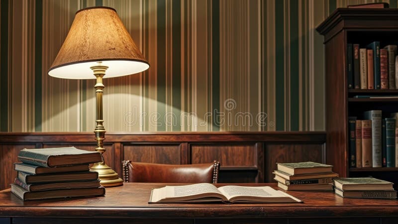 Cozy Vintage Library with Open Book on Wooden Desk and Warm Lamp Light ...