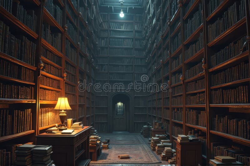 Cozy Vintage Library with Warm Light and Endless Bookshelves Stock ...