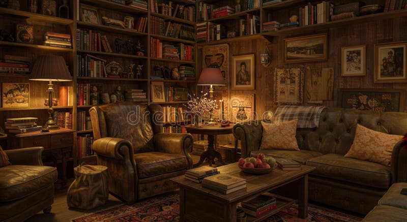 Cozy Vintage Library with Warm Lighting and Comfortable Seating for ...
